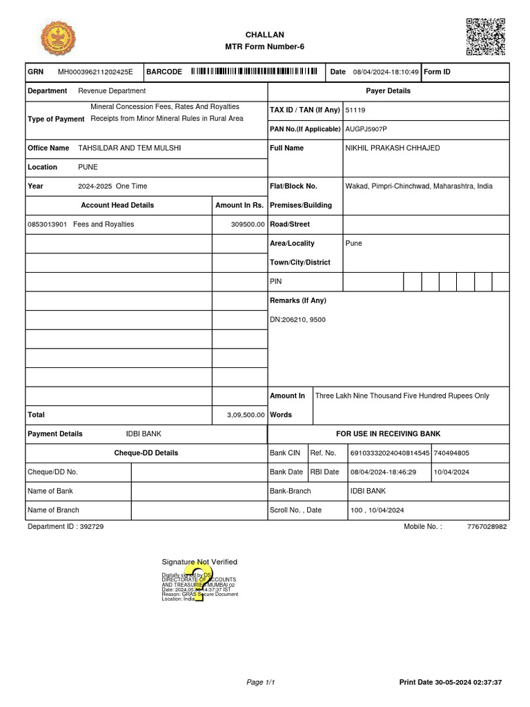 Challan MTR Form Number-6: PAN No. (If Applicable) AUGPJ5907P | PDF ...