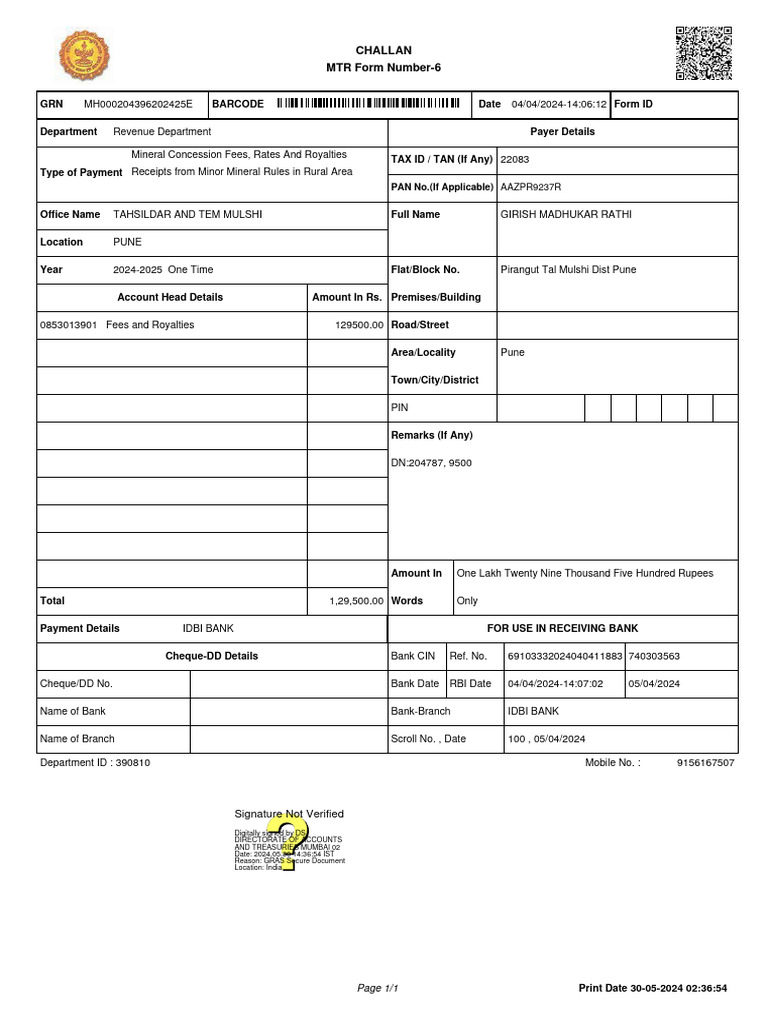 Challan MTR Form Number-6: PAN No. (If Applicable) AAZPR9237R | PDF | Payments