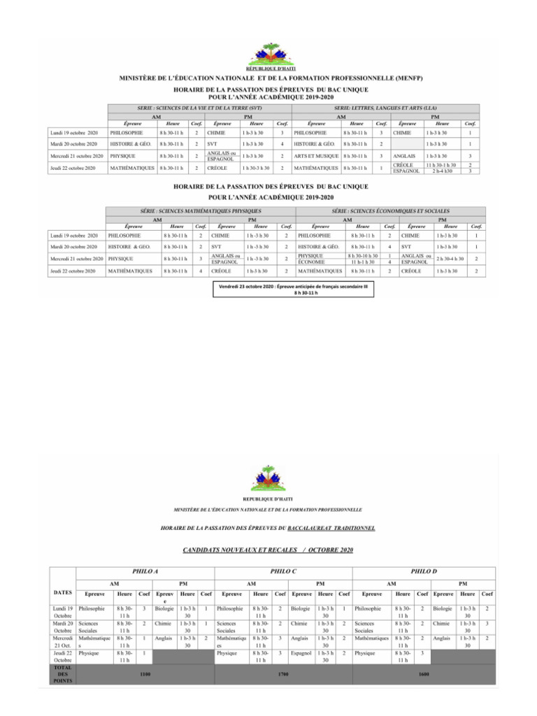 Horaire Bac 2020 | PDF
