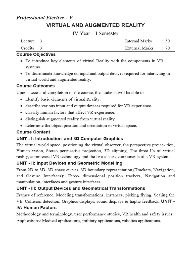 Virtual and Augmented Reality Course | PDF | Virtual Reality ...