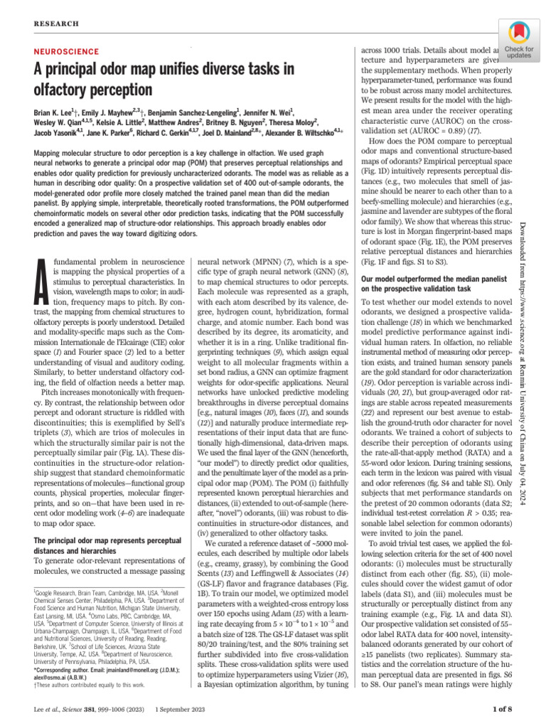 A Principle Odor Map Unifies Diverse Tasks in Olfactory Perception | PDF | Perception | Odor