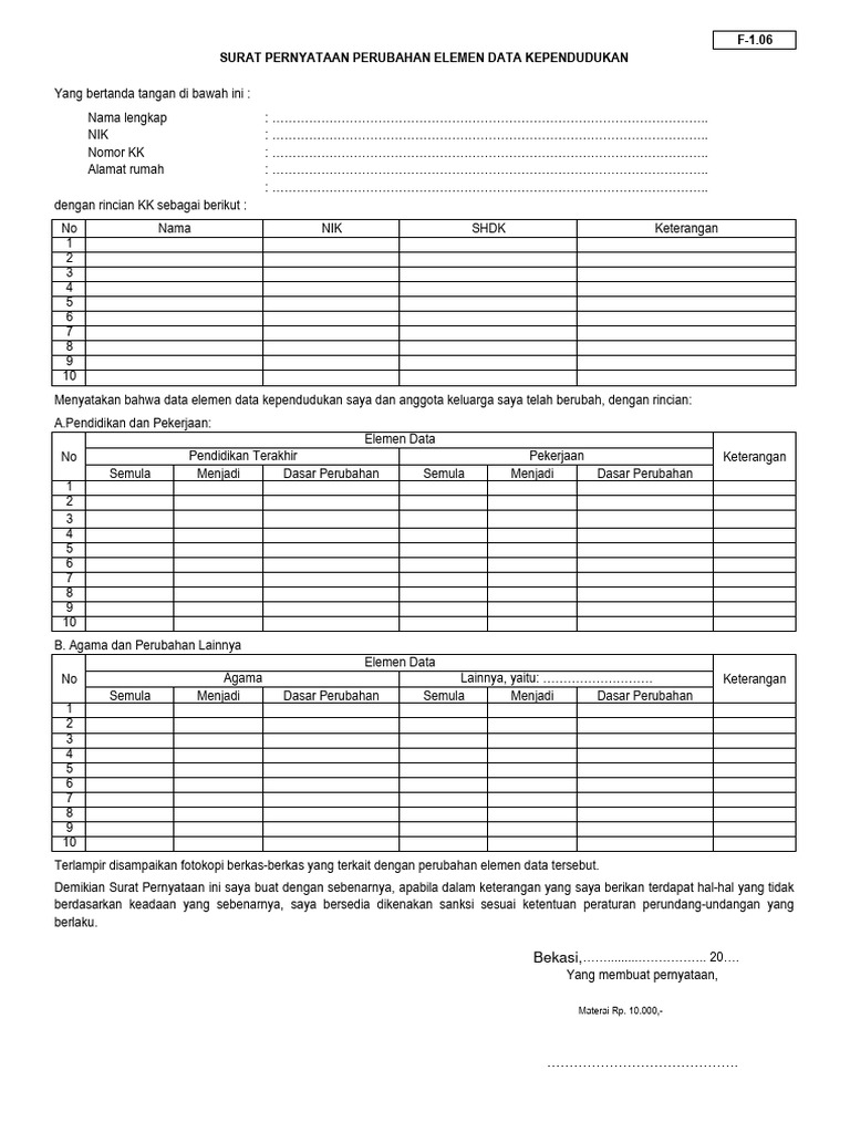 F-1.06 Surat Pernyataan Perubahan Elemen Data Kependudukan Kabupaten Bekasi | PDF