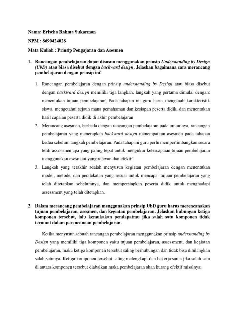 UTS Prinsip Pengajaran Dan Asesmen - Erischa Rahma | PDF