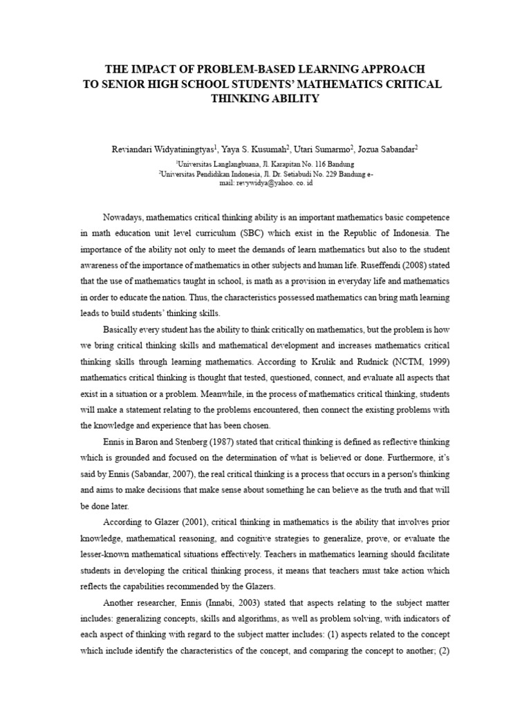 Problem-Based Learning Approach To SHS Math Critical Thinking | PDF | Thought | Critical Thinking