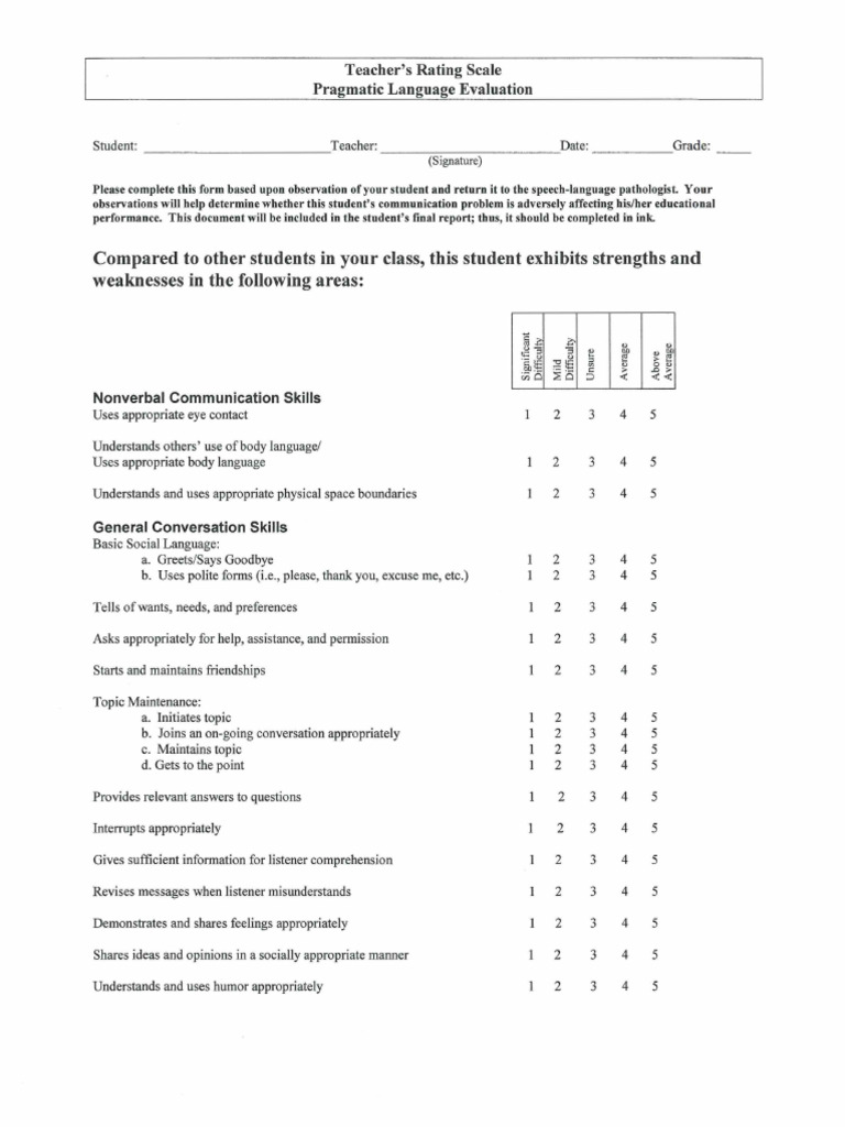 Teacher's Pragmatic Language Scale | PDF | Body Language | Communication