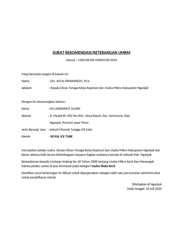 Surat Rekomendasi Atau Keterangan UMKM | PDF