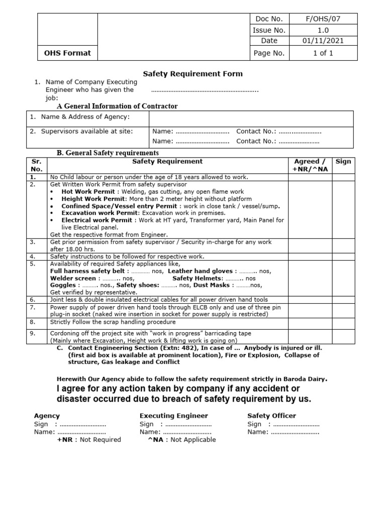 F-OHS-07-Safety Requirement Form | PDF | Electrical Connector ...