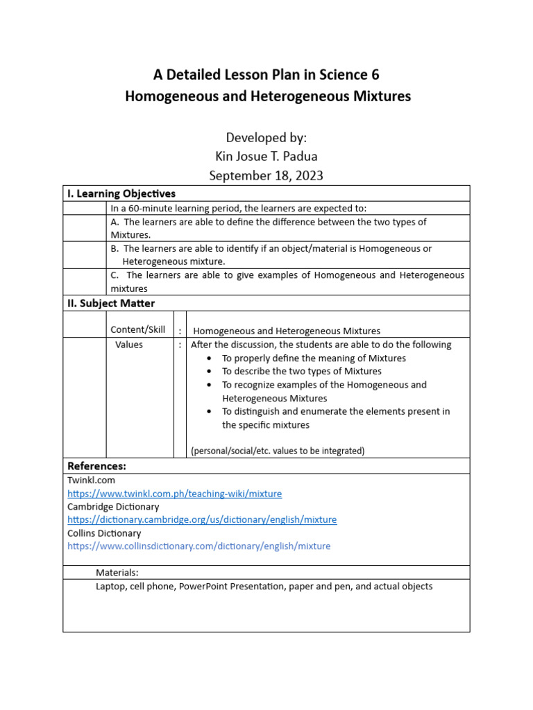 A Detailed Lesson Plan In Science 6 Pdf Mixture Physical Chemistry