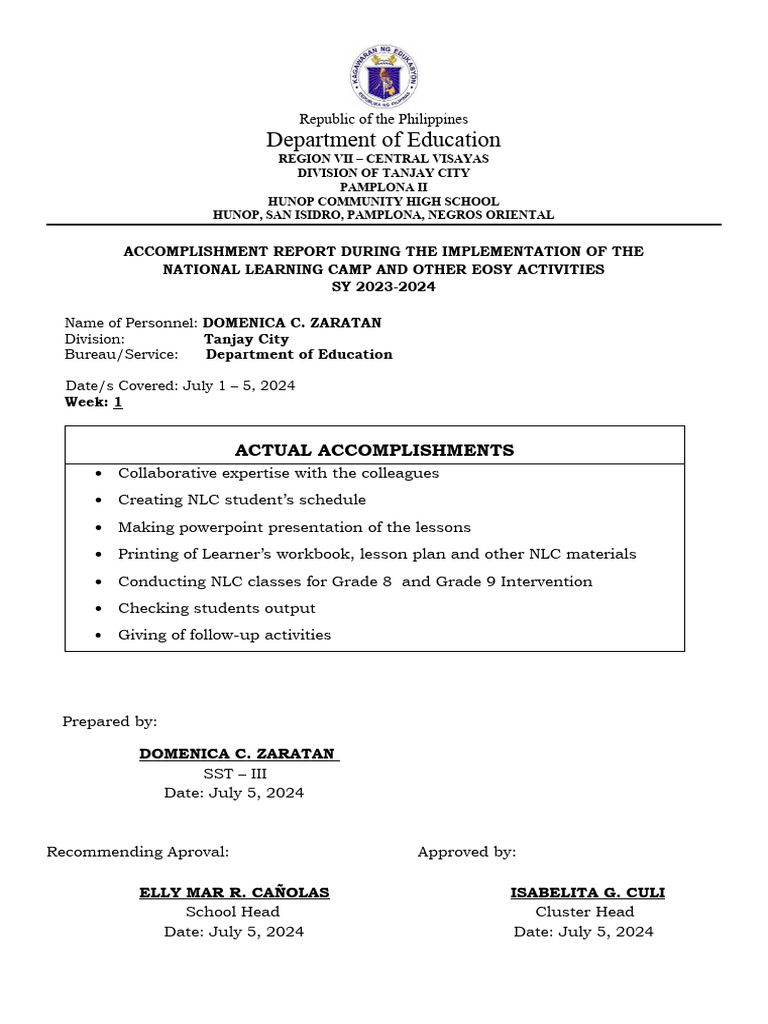 NLC Accomplishment Report | PDF | Pedagogy | Education Theory