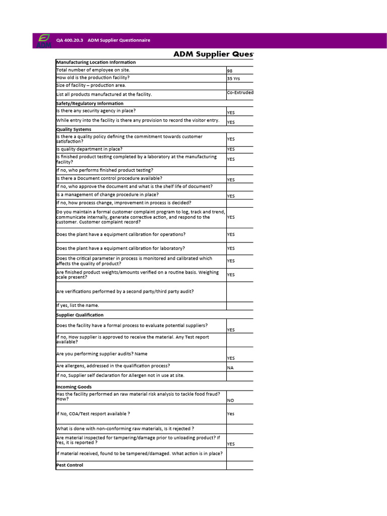 Supplier Questionnaire | PDF | Pest Control | Packaging And Labeling