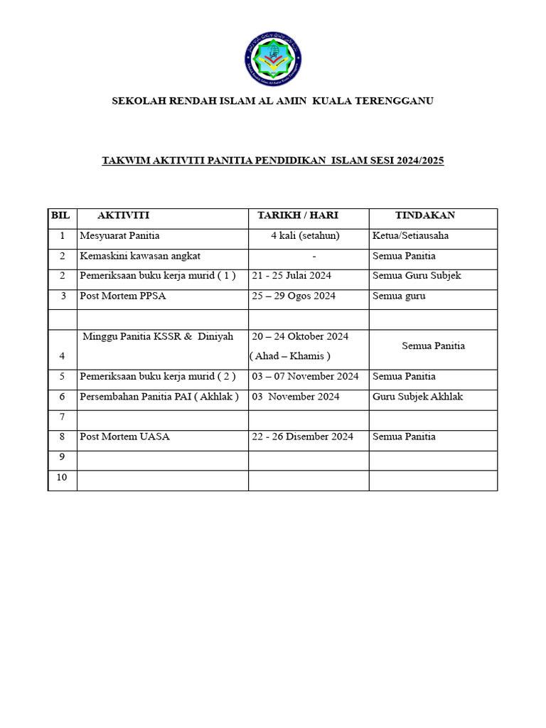Takwim Aktiviti Panitia Pendidikan Islam Sesi 2023 | PDF