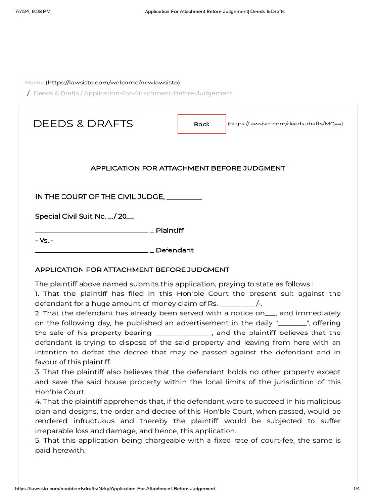 Application For Attachment Before Judgement - Deeds & Drafts | PDF | Lawsuit | Plaintiff