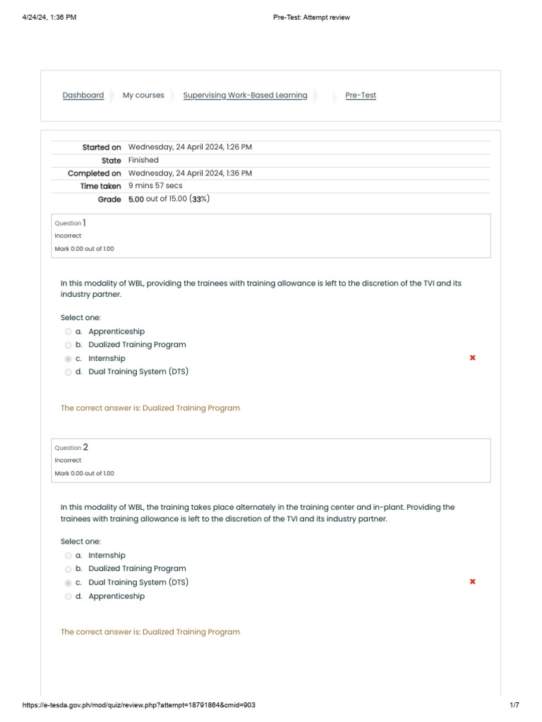 Pre-Test - Attempt Review | PDF | Vocational Education | Performance ...