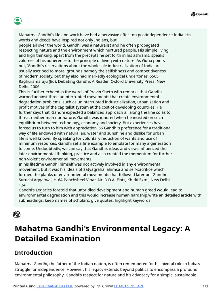 Mahatma Gandhi's Environmental Legacy - A Detailed Examination | PDF ...