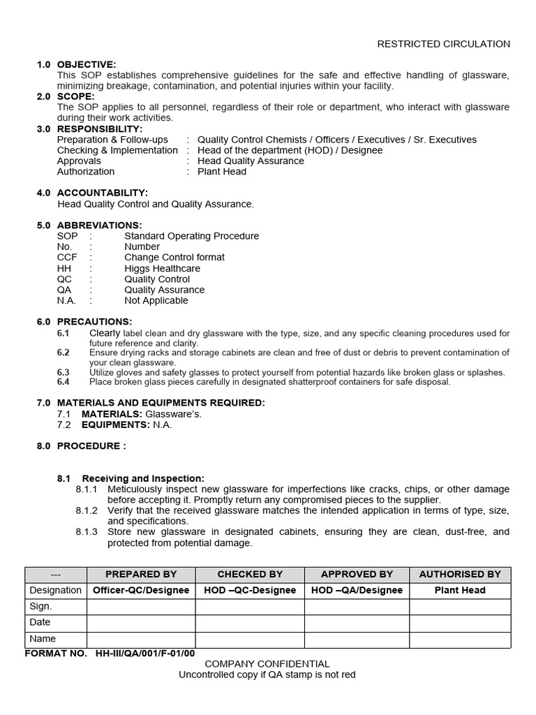 Glassware Safety Handling SOP | PDF | Purified Water | Water