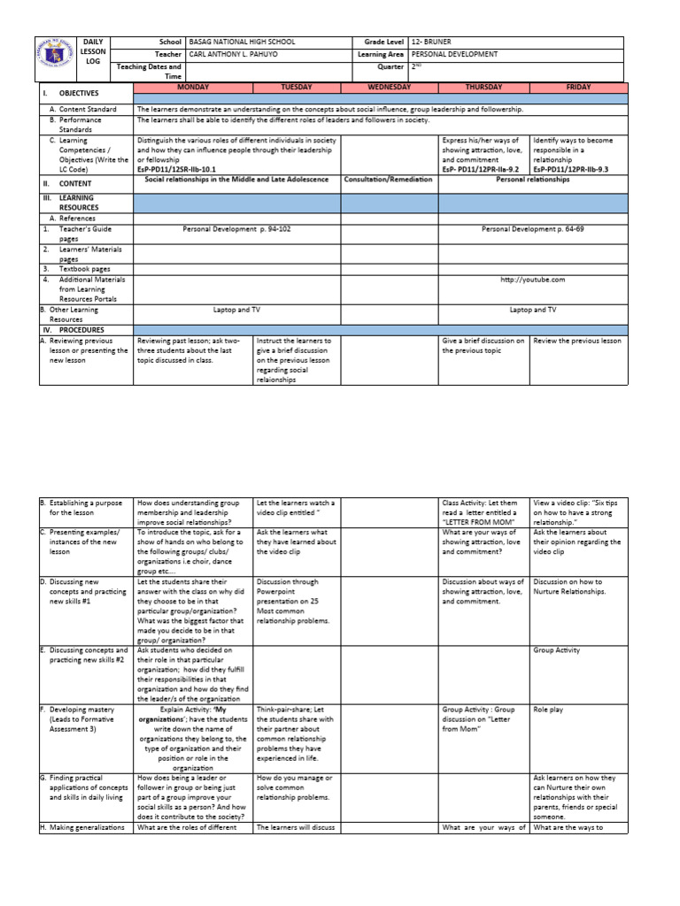 DLL Perdev 2nd Week | PDF | Learning | Leadership