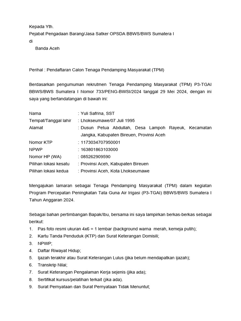 Surat Lamaran TPM 2024 Yuli | PDF