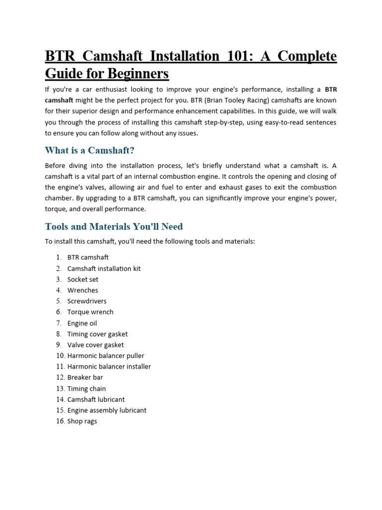 BTR Camshaft Installation 101- A Complete Guide for Beginners | PDF | Engines | Motor Oil