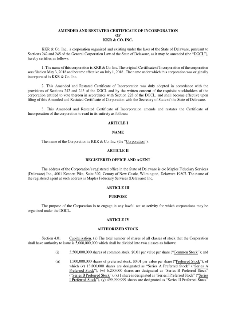 Certificate of Incorporation For KKR Co. Inc. | PDF | Indemnity | Stocks