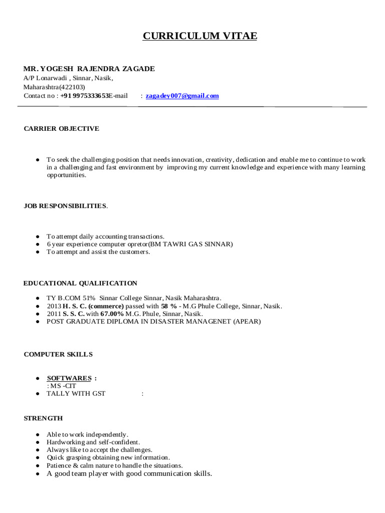 Yogesh Zagade CV: Skills & Experience | PDF