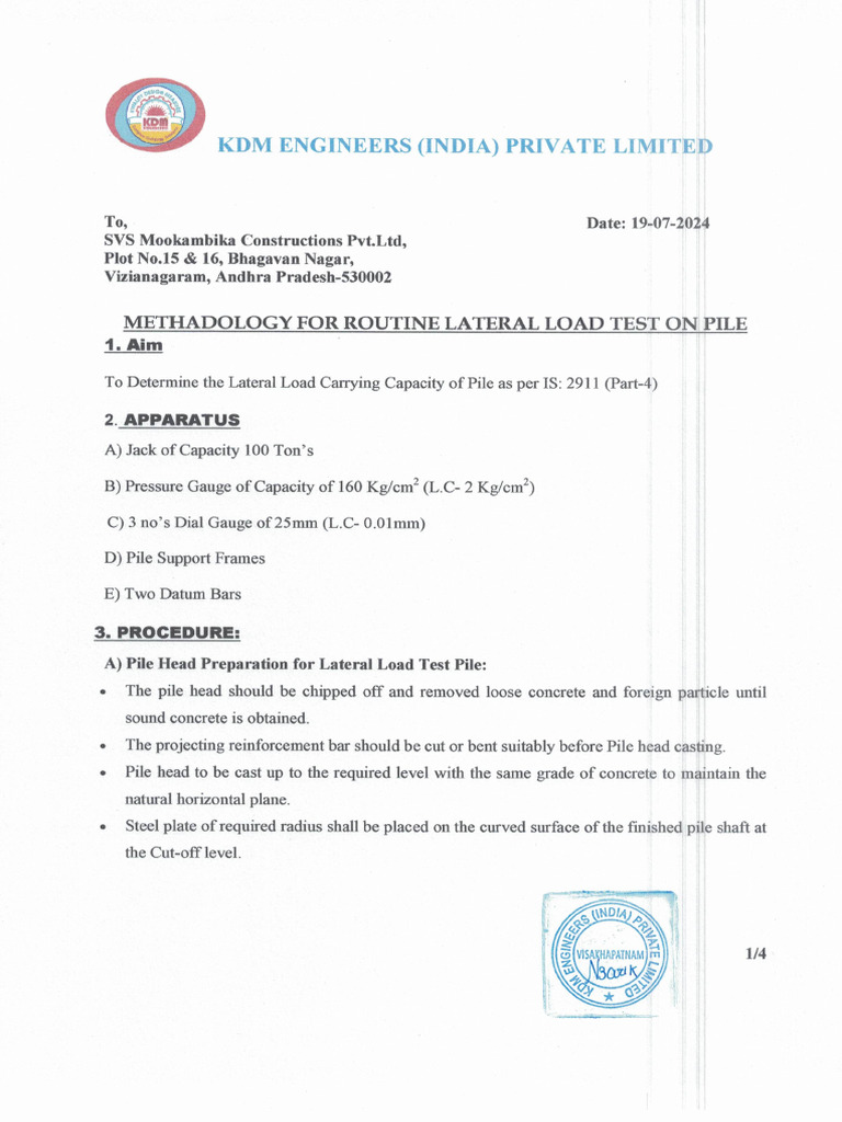 Methadoloy For Lateral Load Test On Pile | PDF