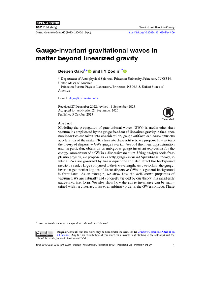 Gauge-Invariant Gravitational Waves in Matter Beyond Linearized Gravity | PDF | Gauge Theory | Waves