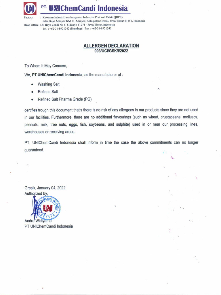 Allergen Declaration | PDF