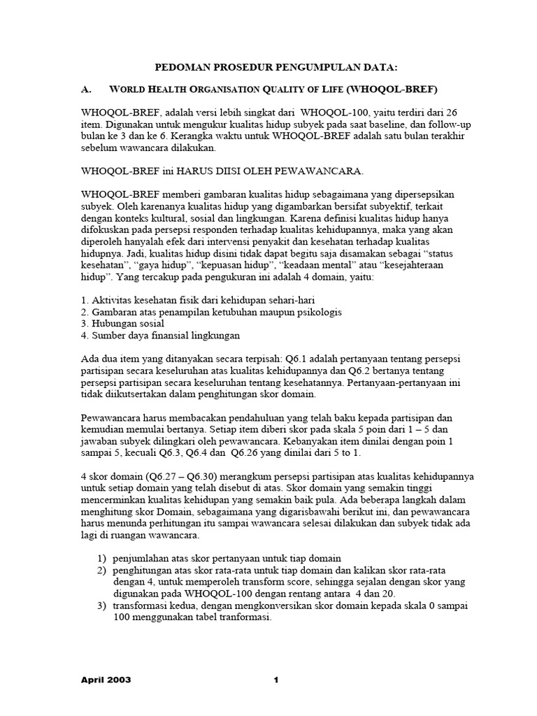 Pedoman Pengisian WHOQOL Dan Zung | PDF