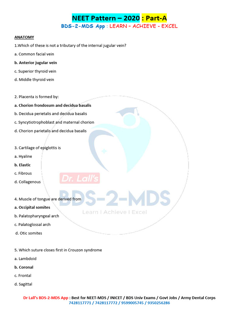 NEET Pattern - 2020: Part-A: BDS-2-MDS App | PDF | Carbohydrates | Vein