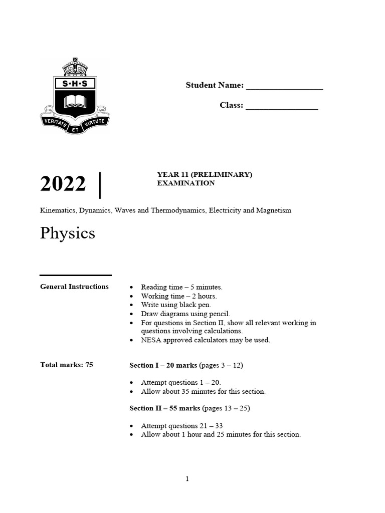 Sydney Boys 2022 Physics Prelim Yearly | PDF | Electric Charge | Physical Sciences