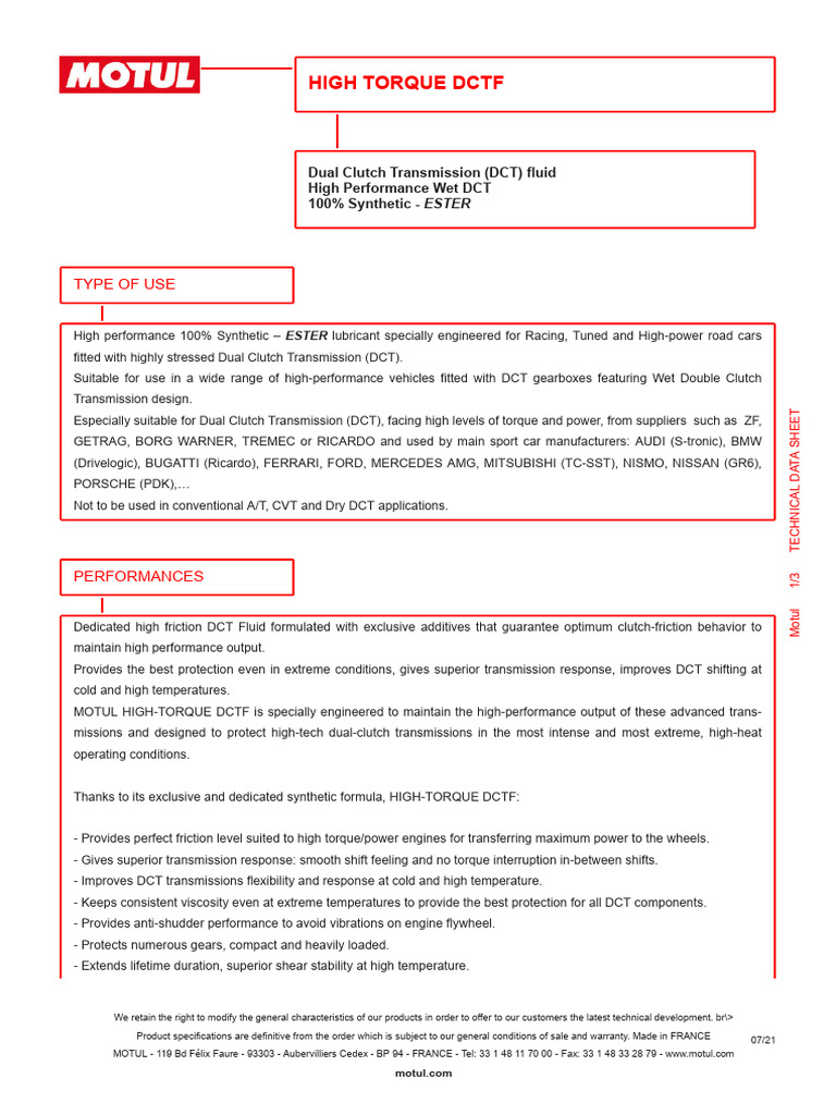 High Torque DCTF en FR Motul 45615 20210713 | PDF | Motor Vehicle | Automotive Industry