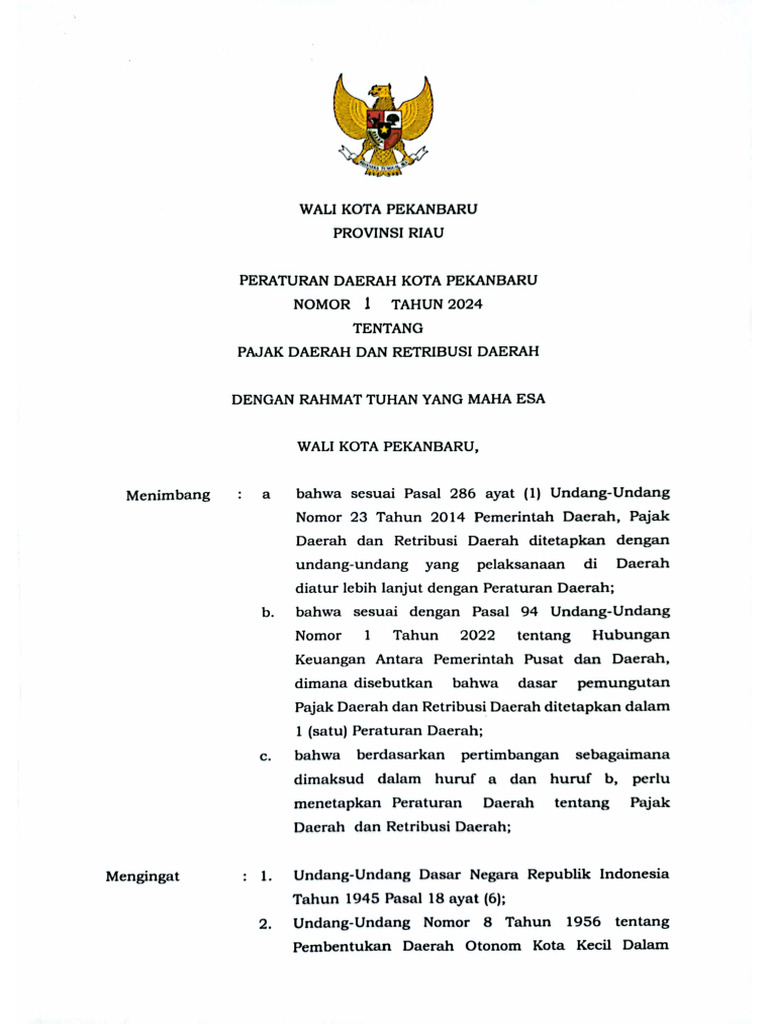 Perda Nomor 1 Tahun 2024 Tentang PDRD Salinan | PDF