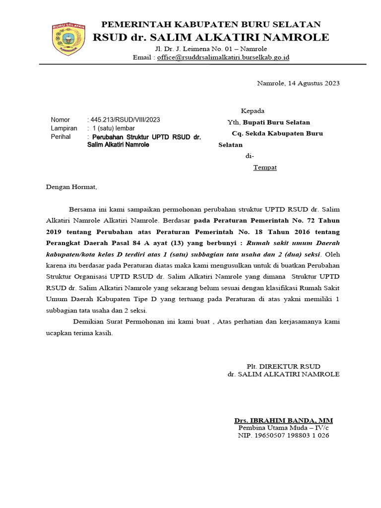 Surat Pengantar Perubahan Struktur UPTD RSUD | PDF