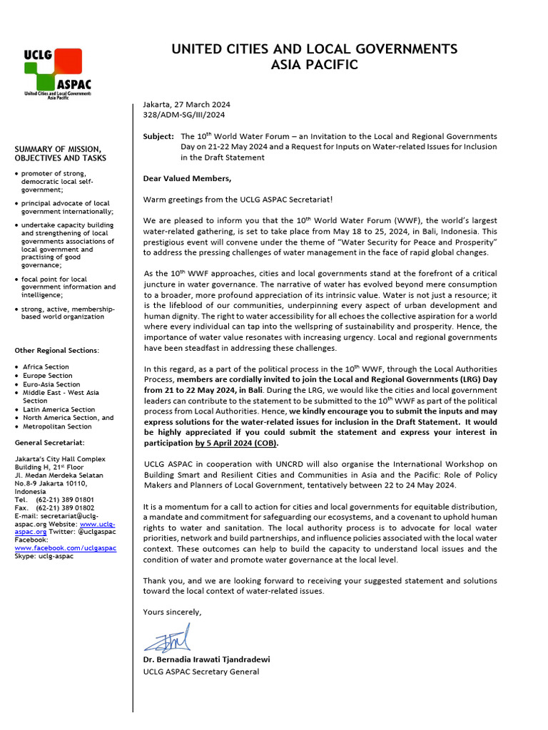 Letter To All Members of UCLG ASPAC of The 10th World Water Forum-Revsg ...