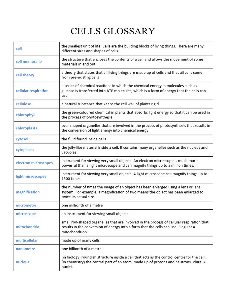 Cell Glossary For Year 8 | PDF | Cell (Biology) | Photosynthesis