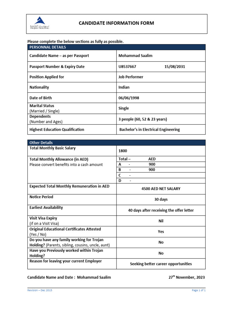 Candidate Information Form Details | PDF | Salary