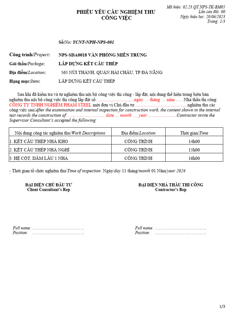 02.23.Qt - nps-tk-bm05. Phieu Yeu Cau Nghiem Thu 1 | PDF