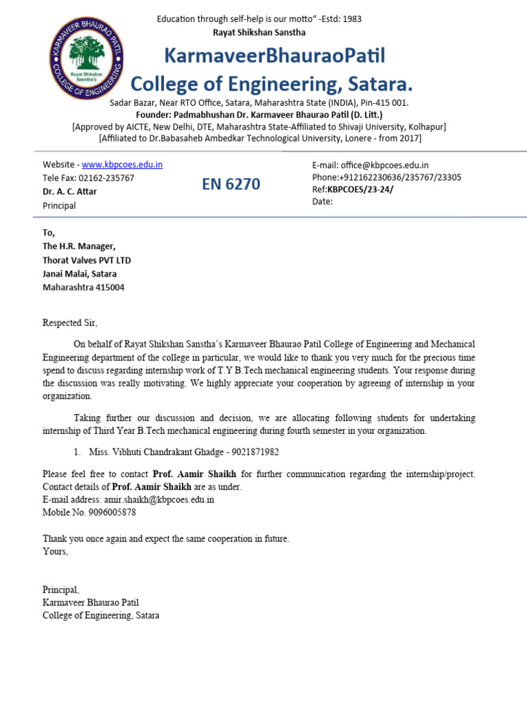 Internship Letter Format | PDF