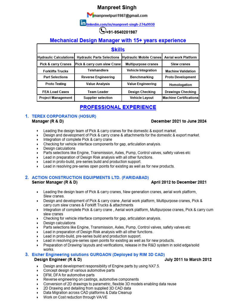 Manpreet Resume 19.06.24 | PDF | Crane (Machine) | Computer Aided Design