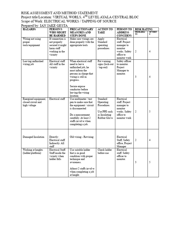 Risk Assessment and Method Statement | PDF | Electrical Wiring ...