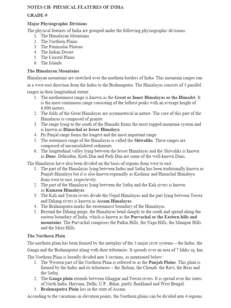 Notes CH Physical Fetures of India | PDF | Himalayas | Earth Sciences