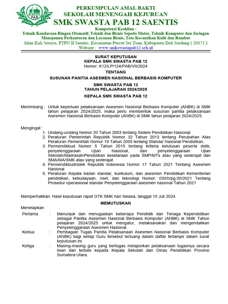 SK Panitia ANBK SMK PAB 12 2024/2025 | PDF