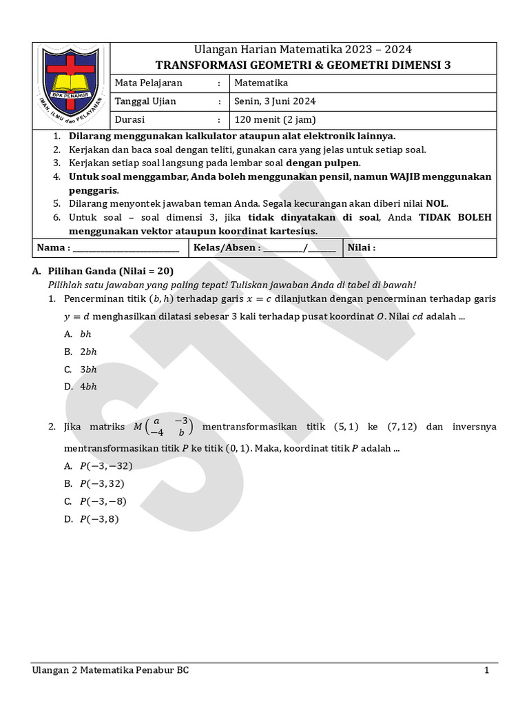 Ulangan 2 Transformasi Geometri & Dimensi Tiga-FIX2 | PDF | Metode & Bahan Ajar