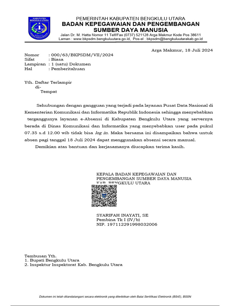 Surat Pemberitahuan Absen Pagi Manual TGL 18 Juli 2024 | PDF