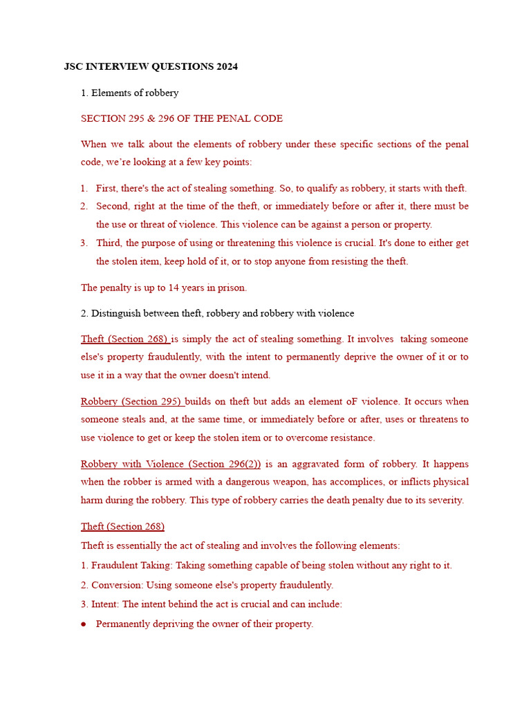 JSC 2024 Questions (Answers) | PDF | Robbery | Theft