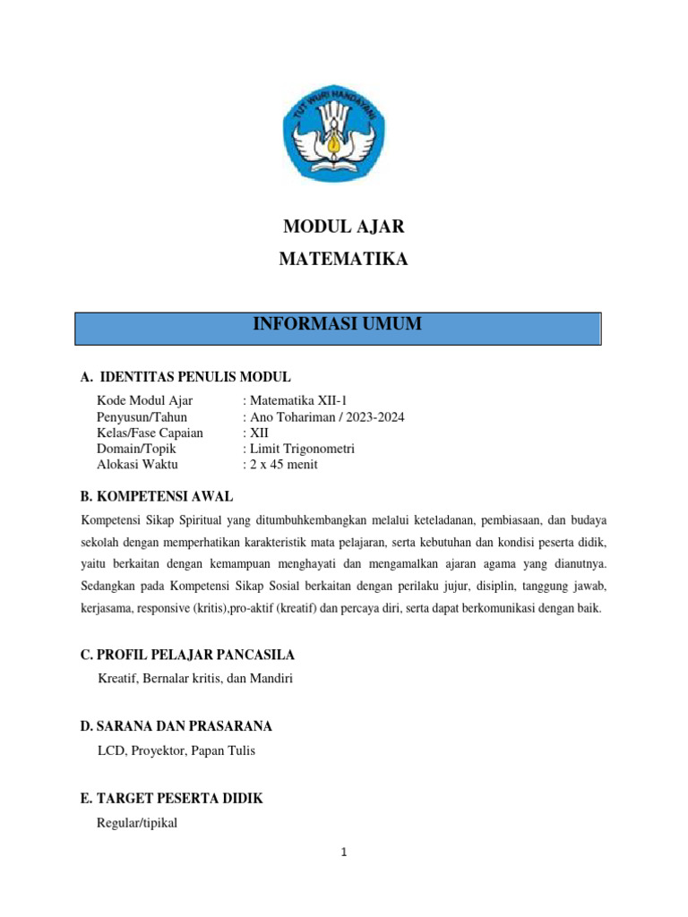 Modul Ajar Limit Trigonometri | PDF | Karier & Perkembangan | Komputer