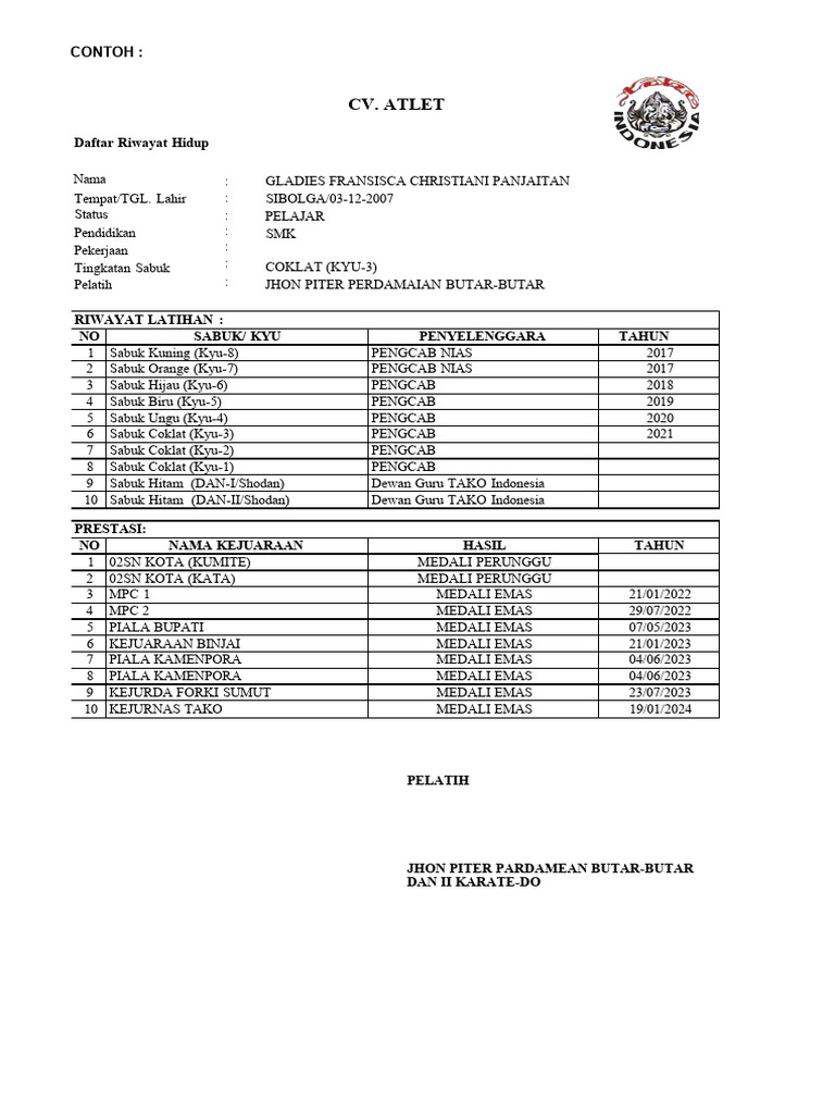 Contoh CV Atlet Karate | PDF