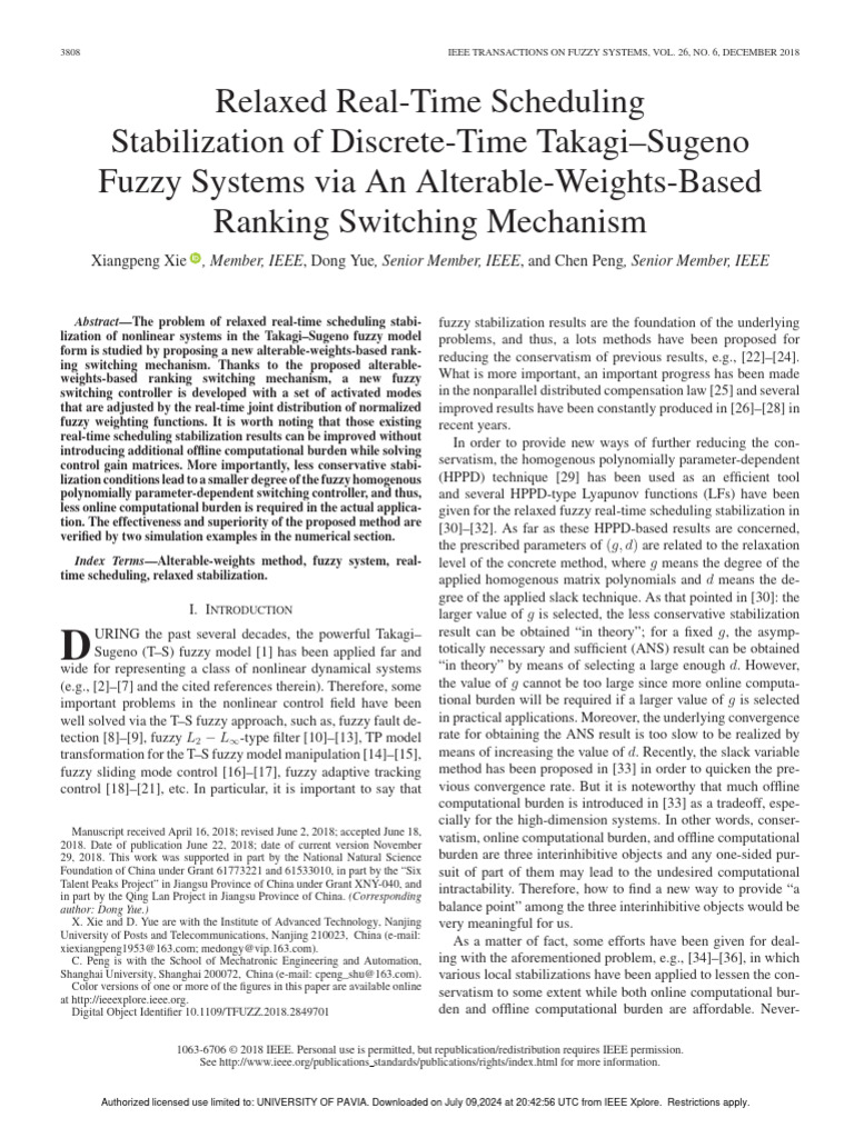 Relaxed Real-Time Scheduling Stabilization of Discrete-Time TakagiSugeno Fuzzy Systems Via An ...