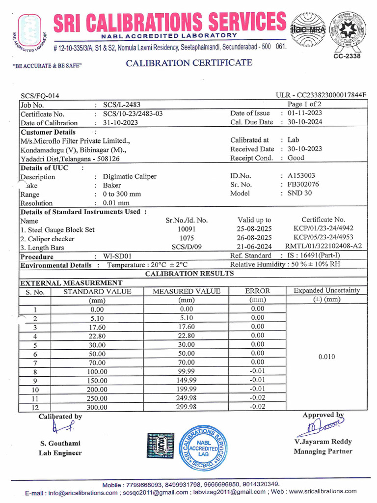 Digimatic Vernier Caliper Calibration Report | PDF