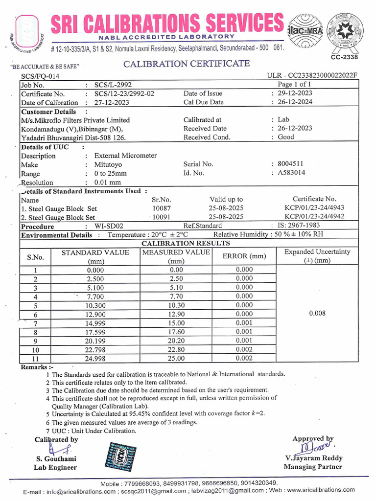 External Micrometer Calibration Report | PDF